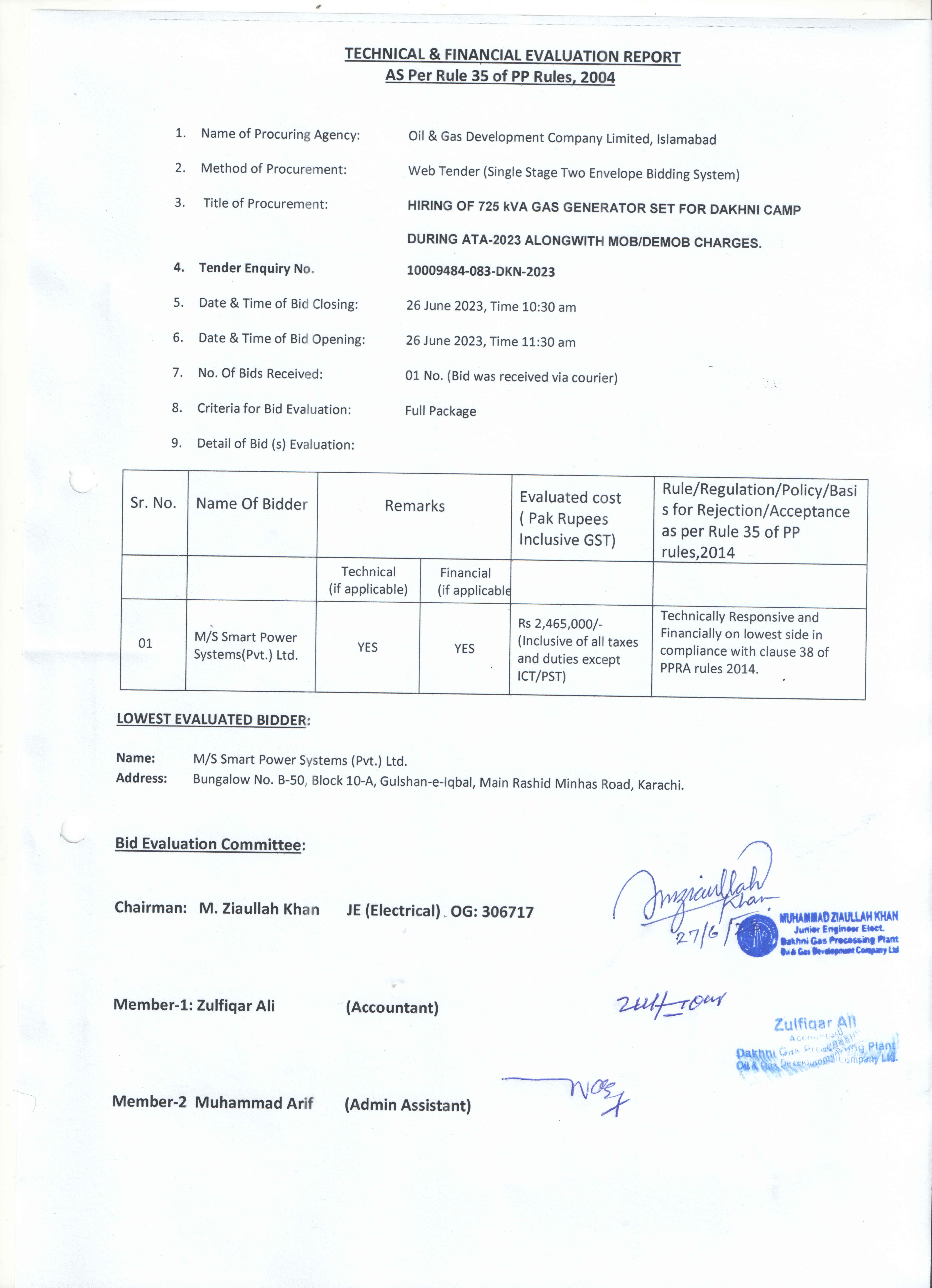 Bid Evaluations Results | OGDCL